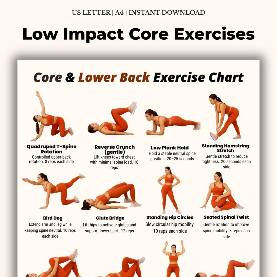 Low Impact Core & Back Exercises | Core Stability Workout Chart ...