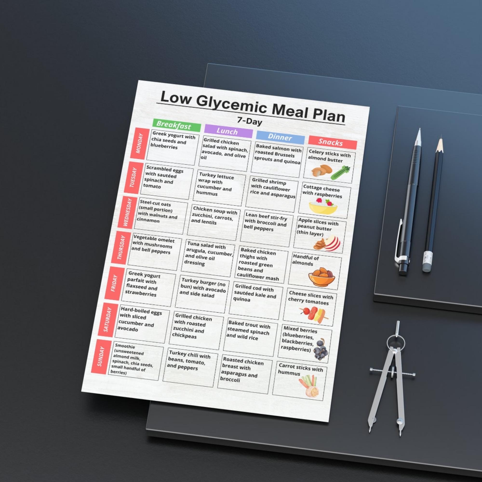 Low Glycemic Meal Planner, 7-day Low GI Meal Plan for Diabetic Diet ...