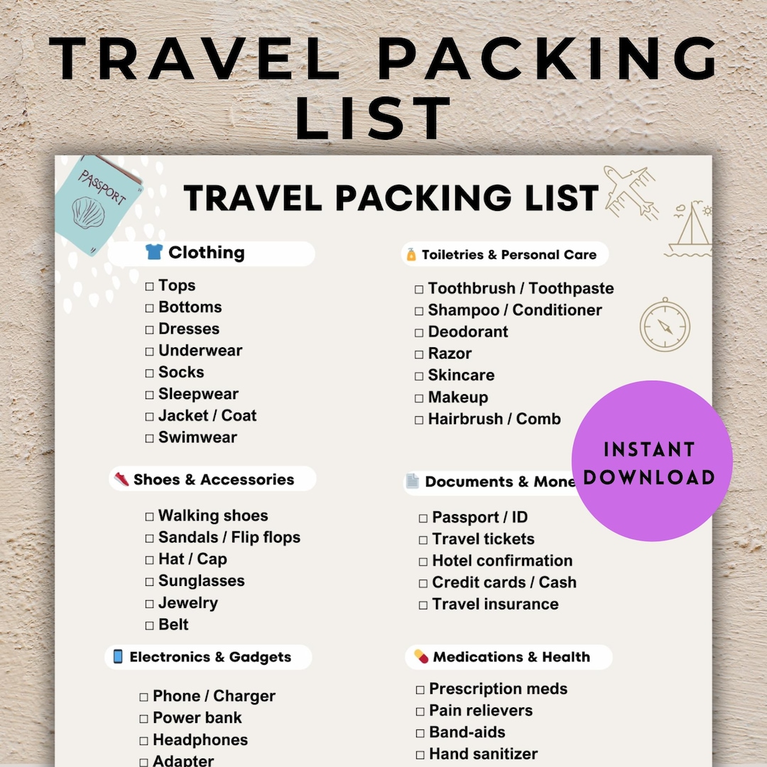Travel Packing List Printable PDF | Vacation Checklist Template | Trip ...