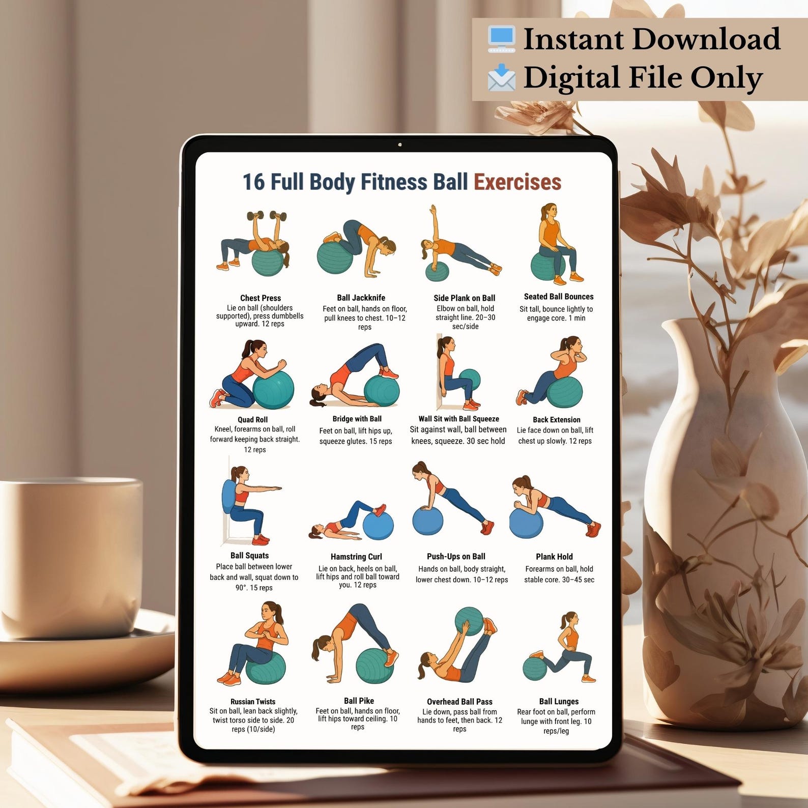 16 Full Body Fitness Ball Exercises Workout Poster, Stability Ball ...