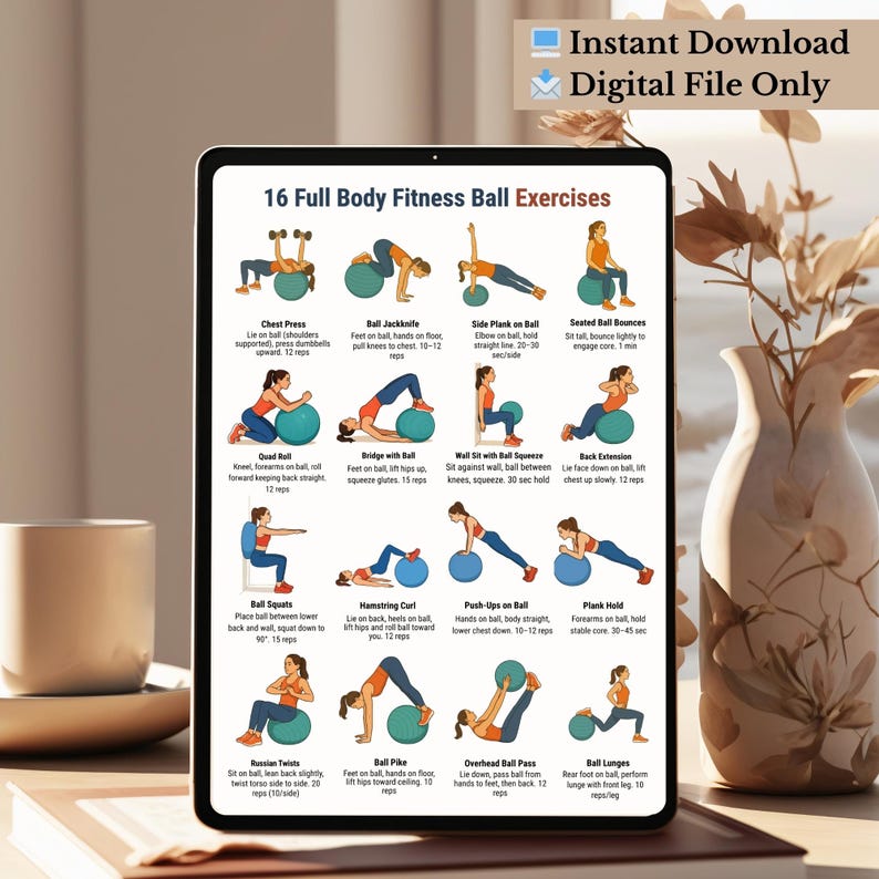 16 Full Body Fitness Ball Exercises Workout Poster, Stability Ball ...