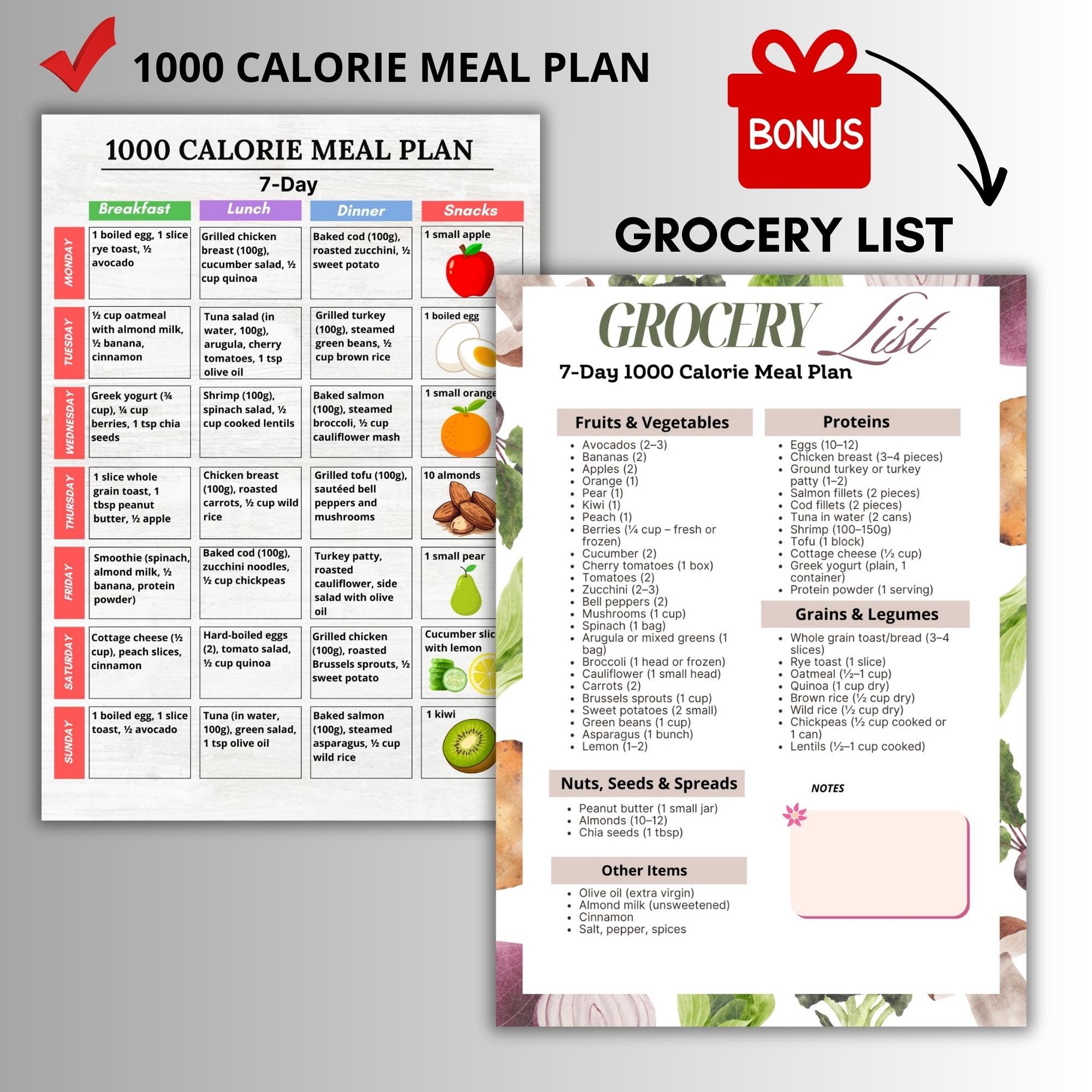 1000 Calories Diet Plan PDF – 7 Day 1000 Calories per Day Menu – Low ...