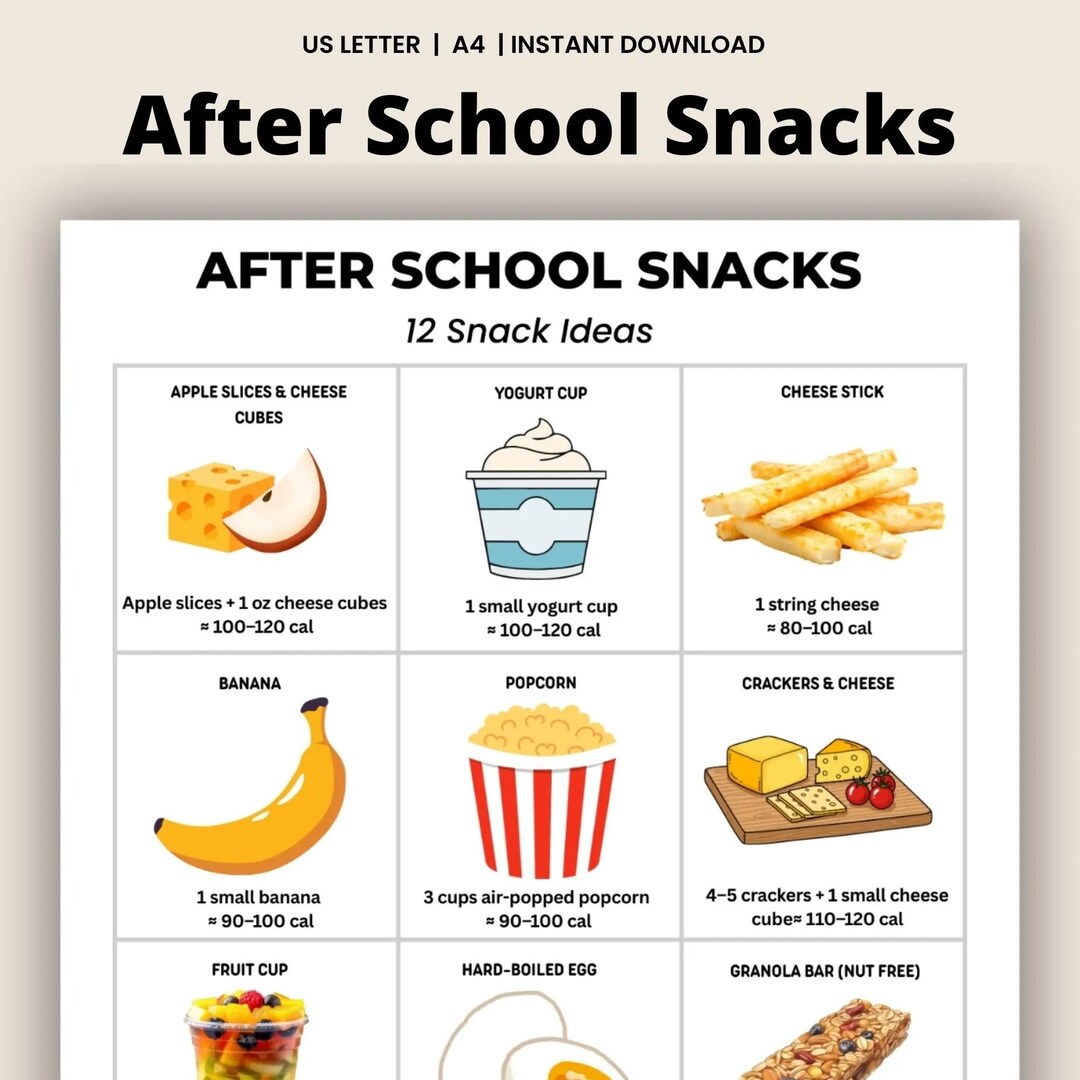 After School Snacks Printable | 12 Snack Ideas for Kids | School Snack ...
