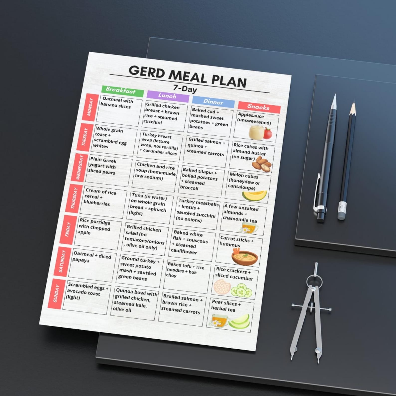 Gerd-friendly Meal Plan Printable, 7-day Reflux-conscious Food Schedule ...