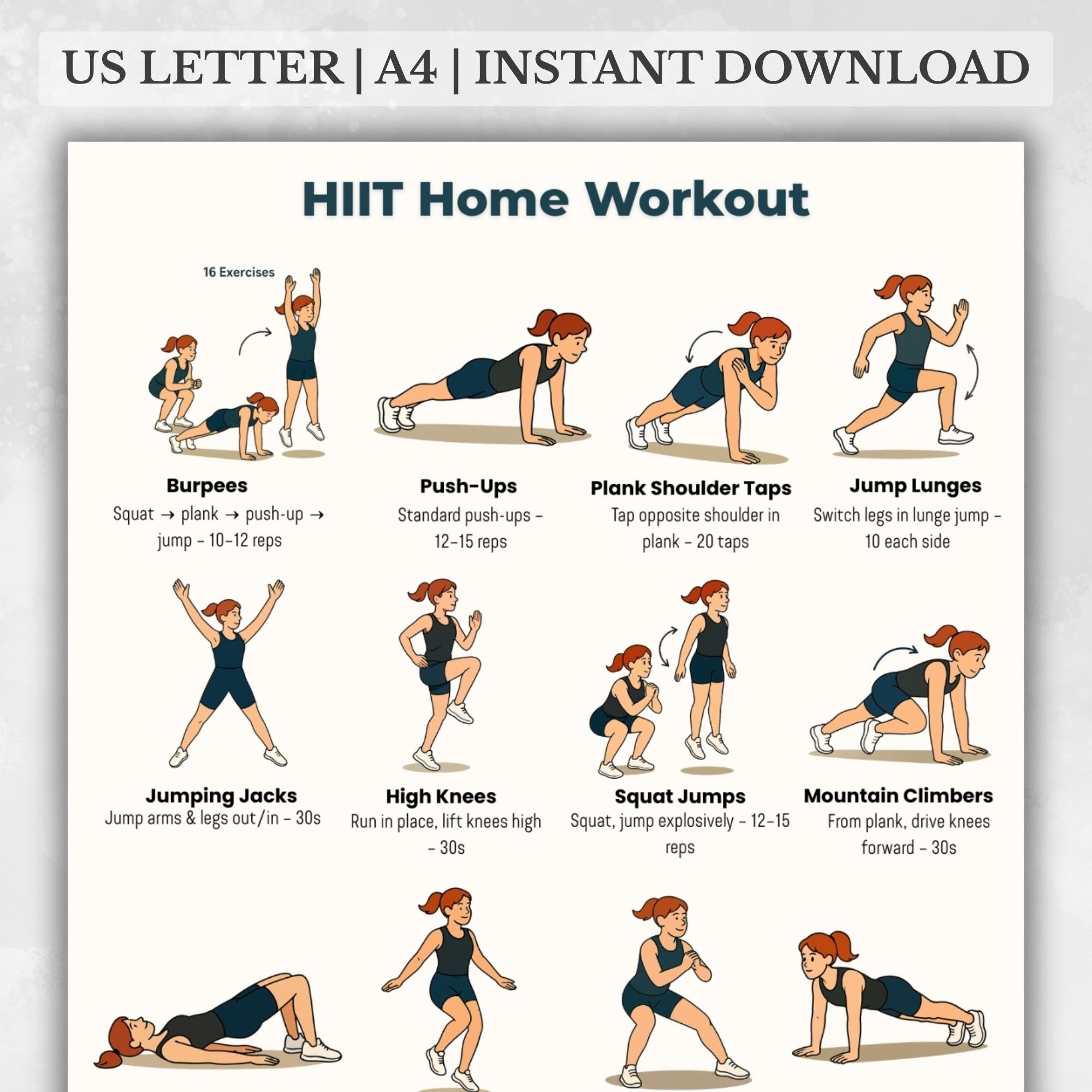 HIIT Home Workout Printable | Full Body Cardio Exercise Chart | 16 ...