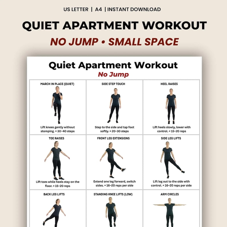 Quiet Apartment Workout Printable, No Jump Standing Exercises, Small ...