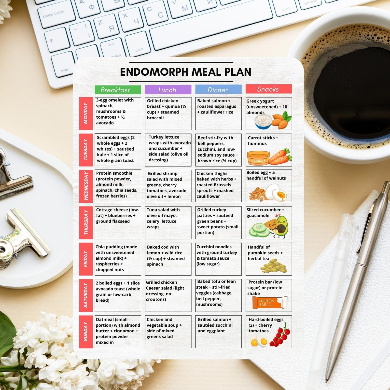 Endomorph Meal Plan PDF, 7-day Macro-based Food Schedule, Calorie ...