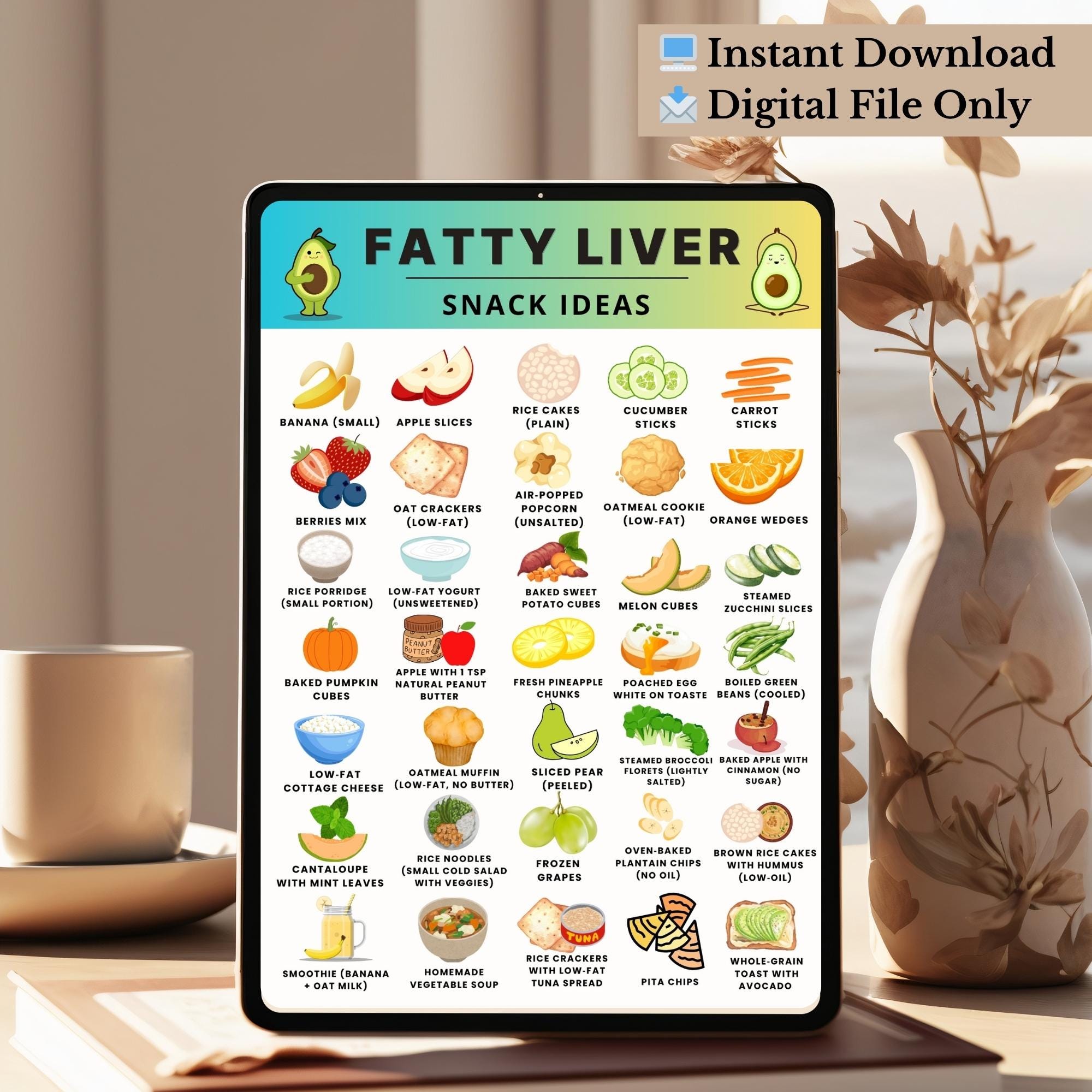 Fatty Liver Snack Ideas Chart, Low Fat Snack List, Printable PDF ...