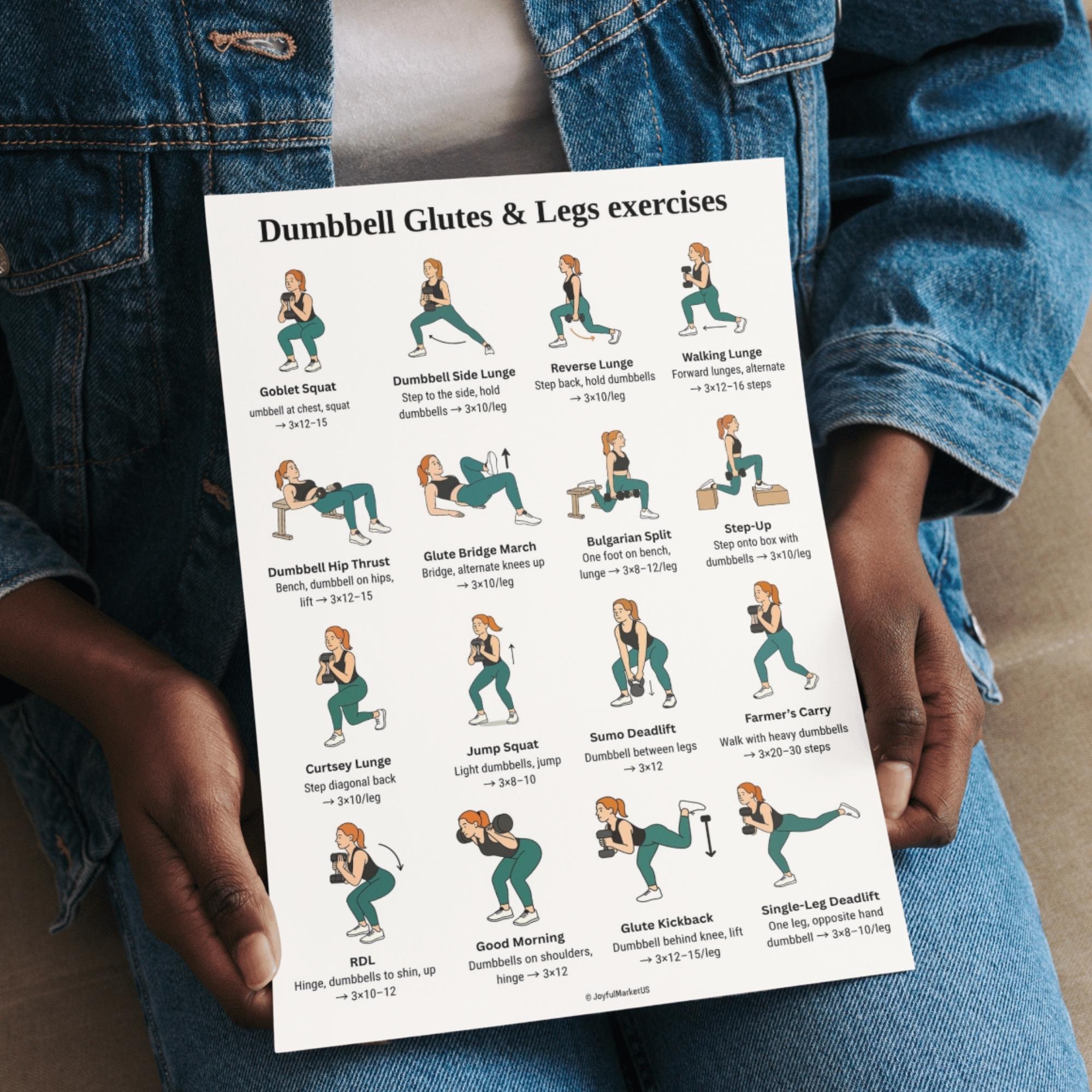 Dumbbell Glutes and Legs Exercises Printable | Lower Body Workout Chart ...
