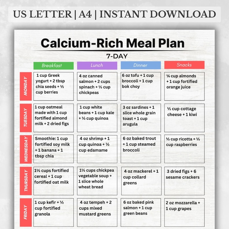 Calcium Rich Meal Plan 7 Day | High Calcium Foods Meal Plan PDF ...