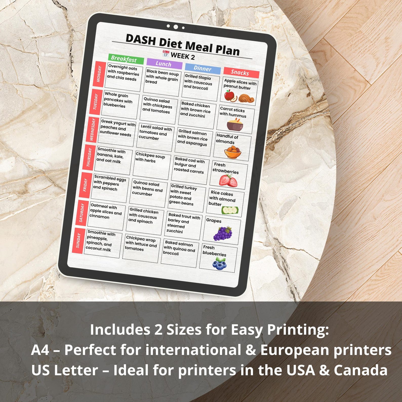 DASH Diet Meal Plan 28 Day PDF, 4 Week Low Sodium Weekly Menu Printable ...