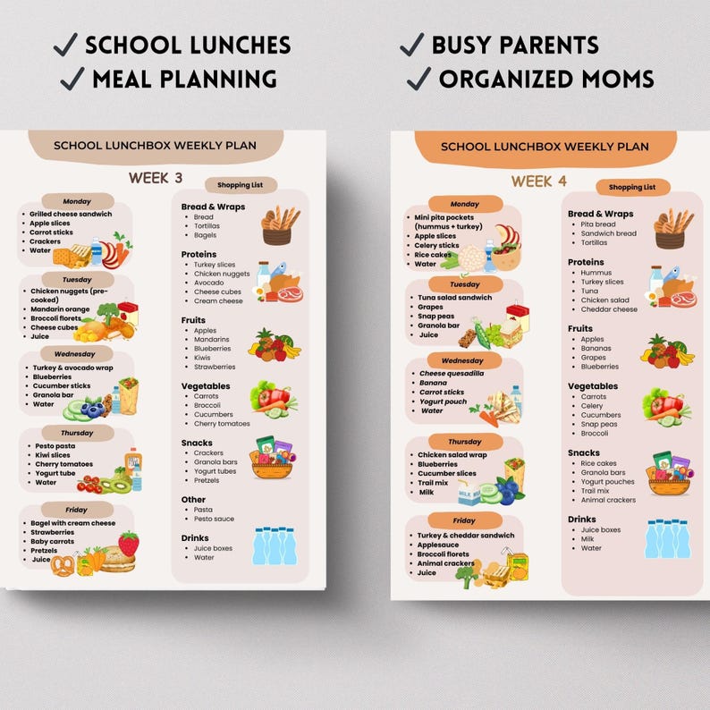 Kids Lunchbox Planner Printable, School Lunch Ideas for Kids, Weekly ...