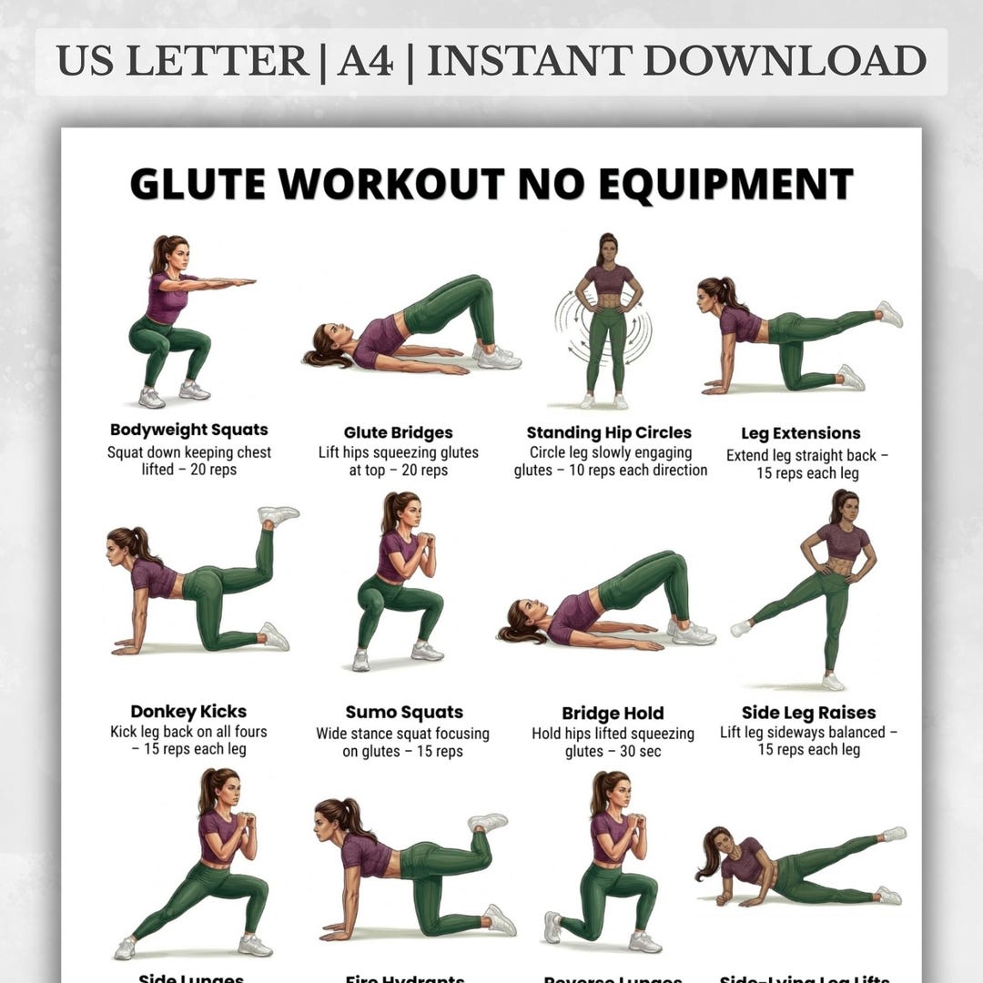 Glute Workout No Equipment Printable PDF, Glutes Exercise Chart, Lower ...