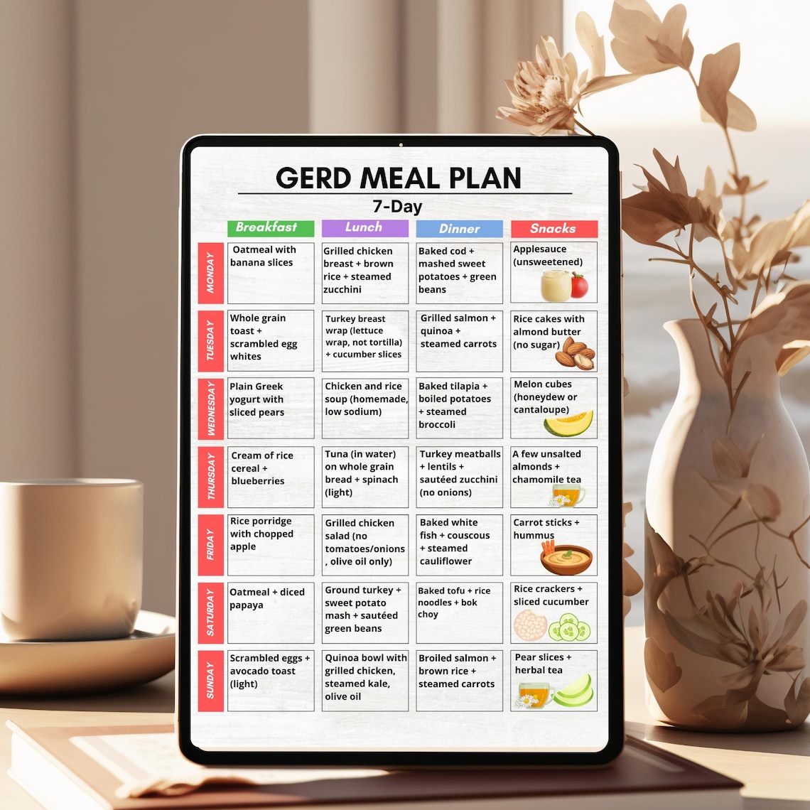 Gerd-friendly Meal Plan Printable, 7-day Reflux-conscious Food Schedule ...