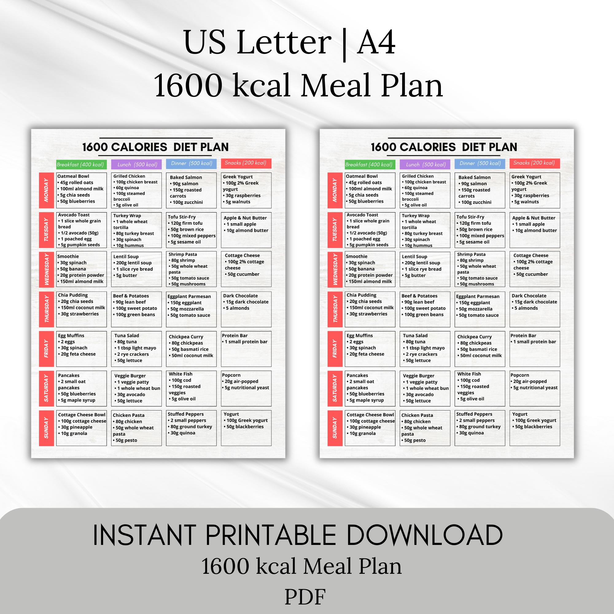 1600 Calorie Meal Plan PDF – 1600 Calorie Food List, 1600 Calorie Meal ...