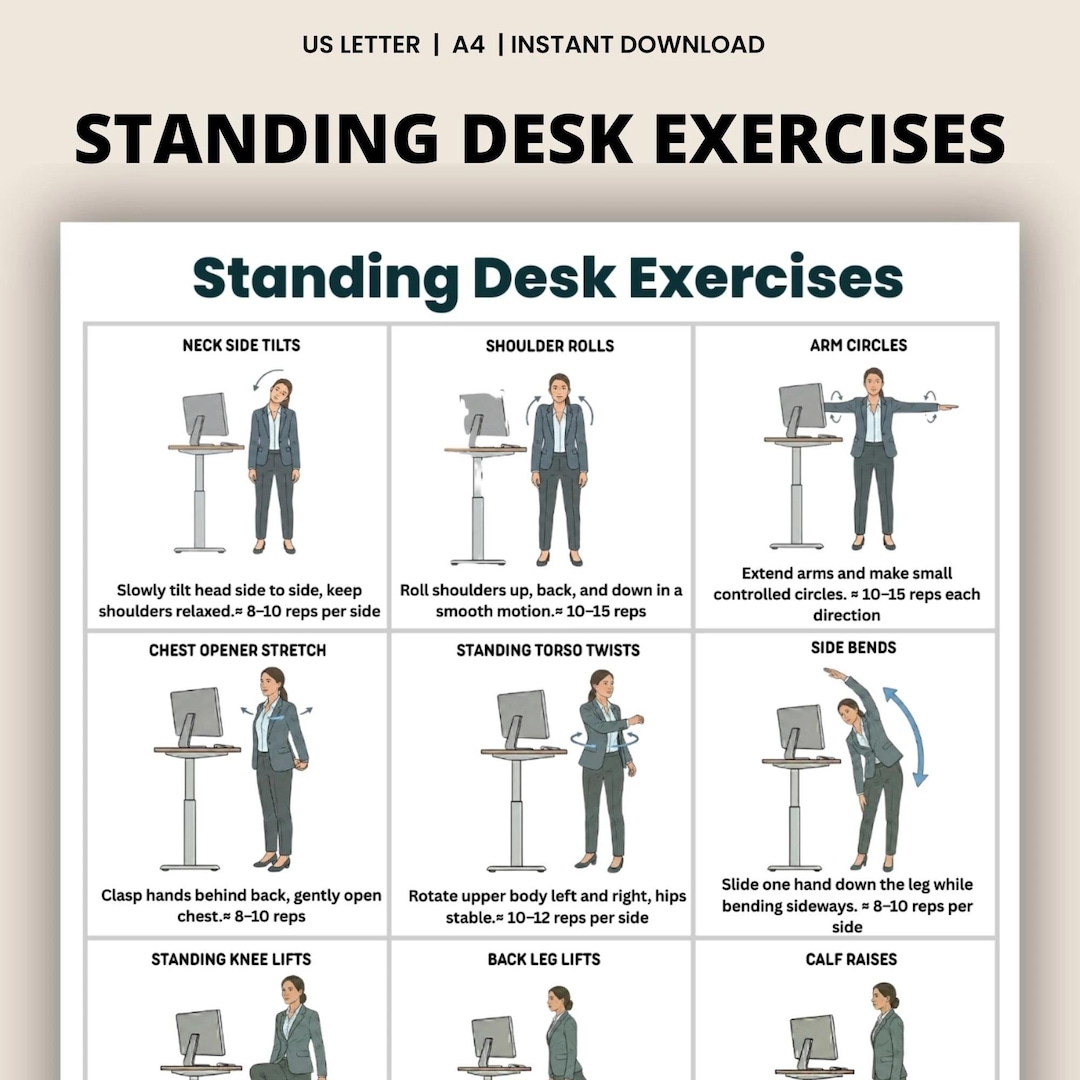 Standing Desk Exercises Printable | Office Workout Poster | 12 Standing ...