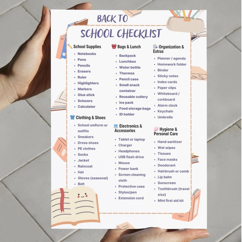 Back to School Checklist Printable PDF, School Supplies List, Kids School Essentials, Daily ...