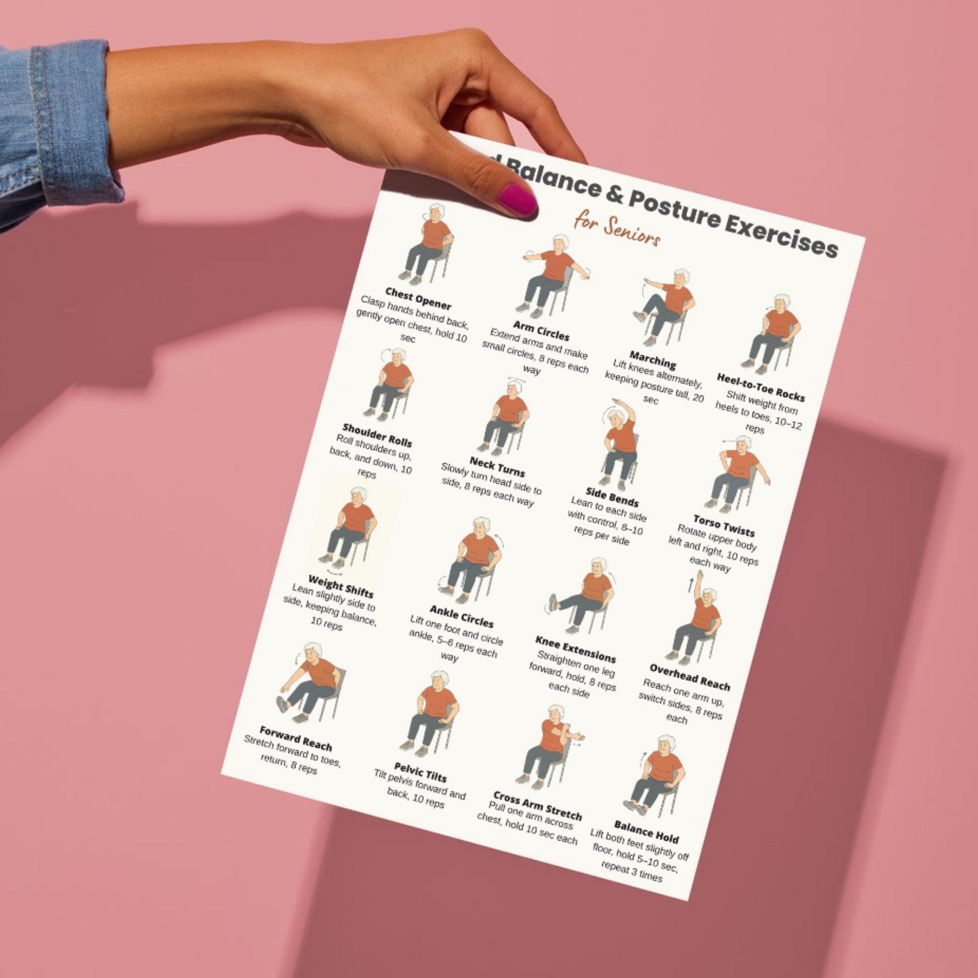 Seated Balance and Posture Exercises for Seniors Printable, Chair ...
