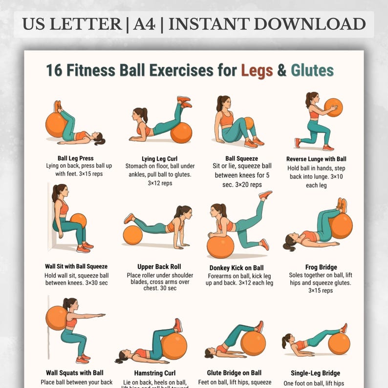 16 Fitness Ball Exercises for Legs & Glutes Workout Poster, Stability ...