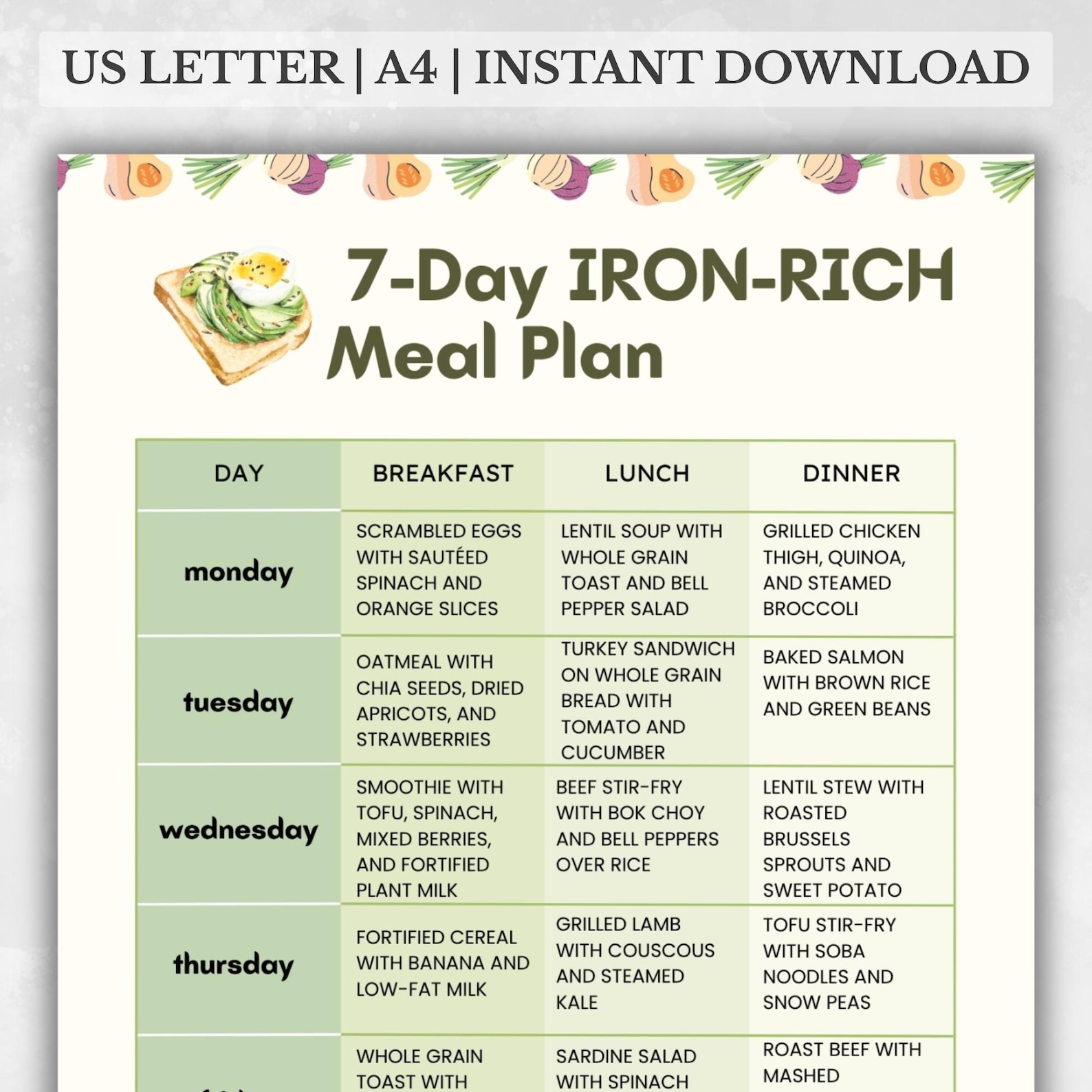7-day Iron-rich Meal Plan PDF, Iron-rich Foods for Meal Prep & Grocery ...