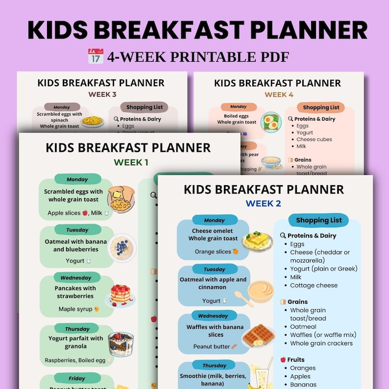 Kids Breakfast Planner 4 Weeks + Grocery Lists, Easy School Breakfast ...
