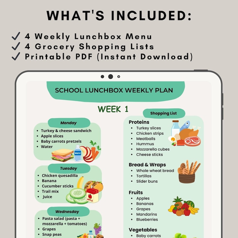 Kids Lunchbox Planner Printable, School Lunch Ideas for Kids, Weekly ...