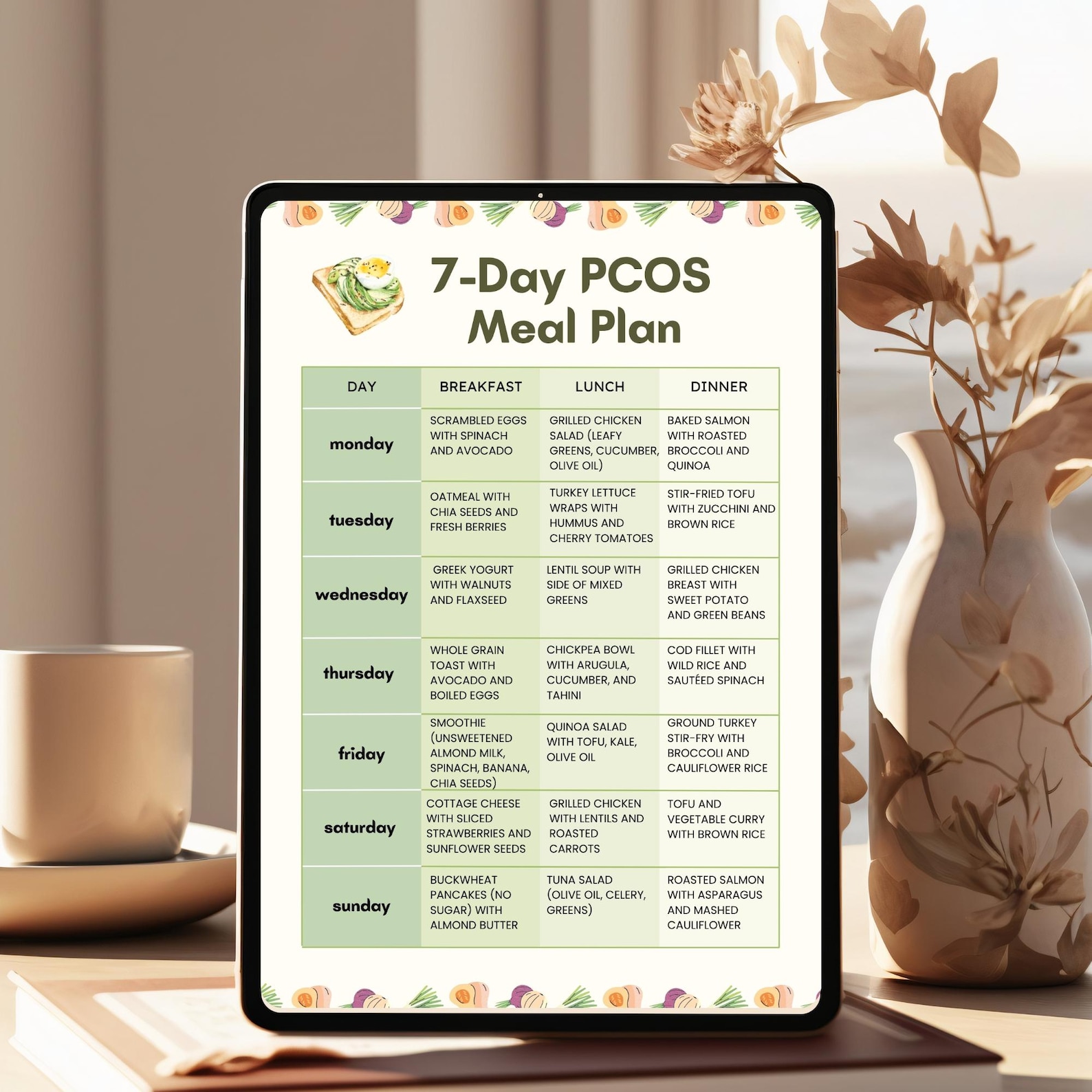PCOS Meal Plan Printable, 7-day Low GI Food Plan PDF, Insulin ...