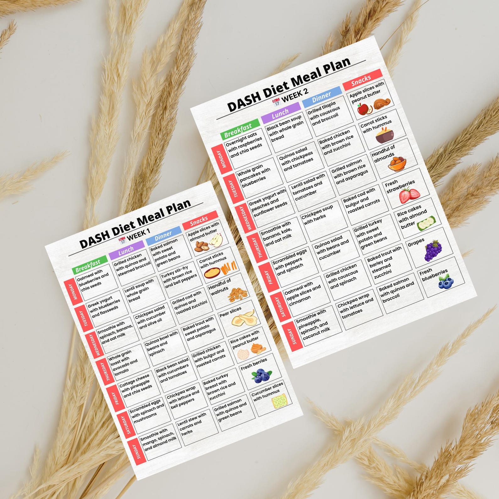 DASH Diet Meal Plan 28 Day PDF, 4 Week Low Sodium Weekly Menu Printable ...