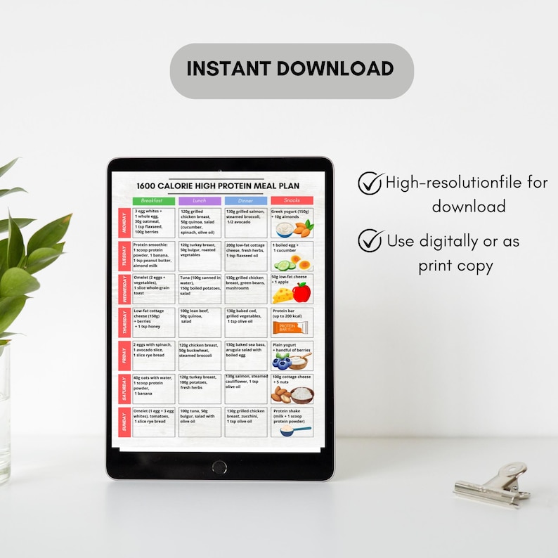 1600 Calorie High Protein Meal Plan PDF, Low Carb Food Chart, 7-day ...