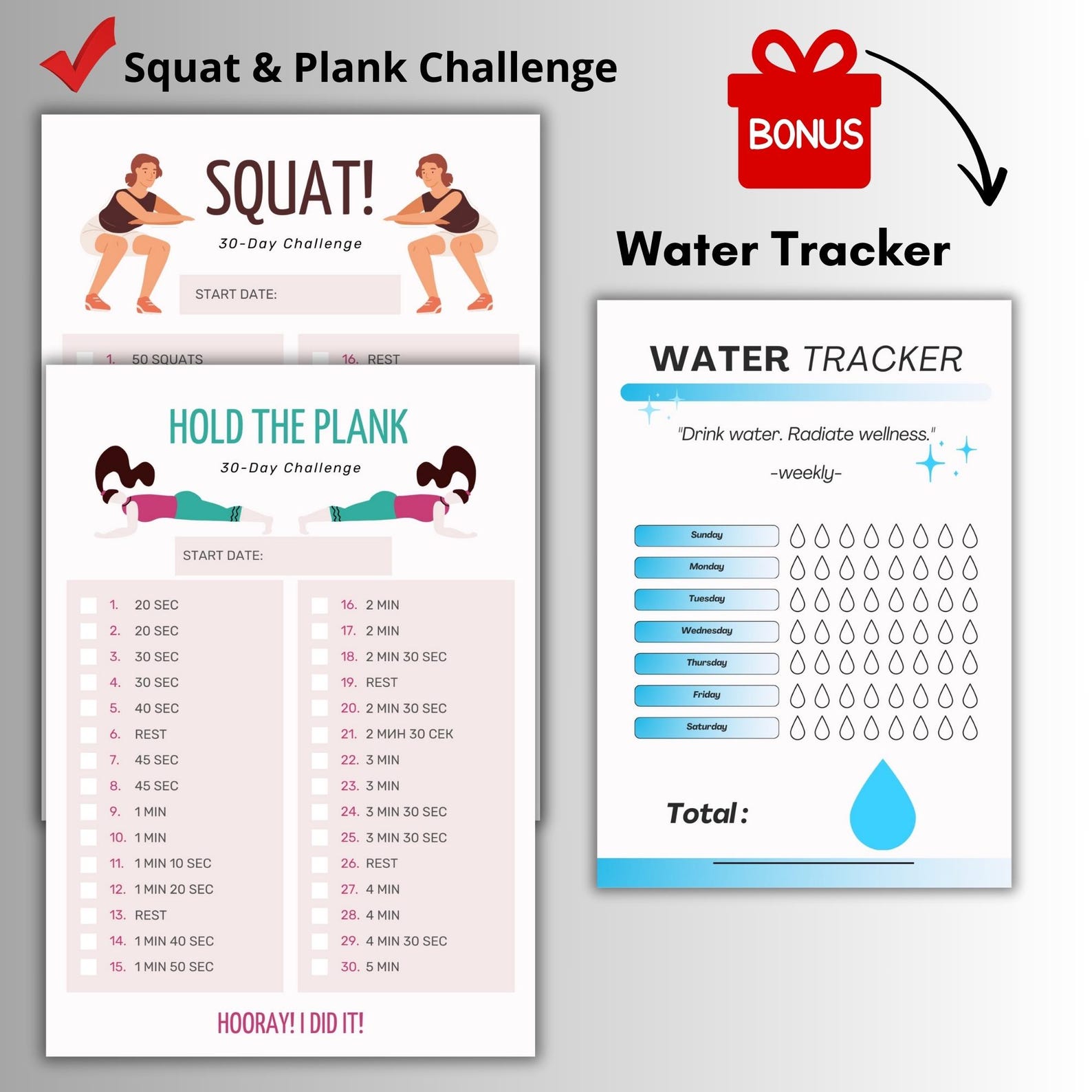 30-day Squat & Plank Challenge Printable, Bonus Water Tracker, Fitness ...