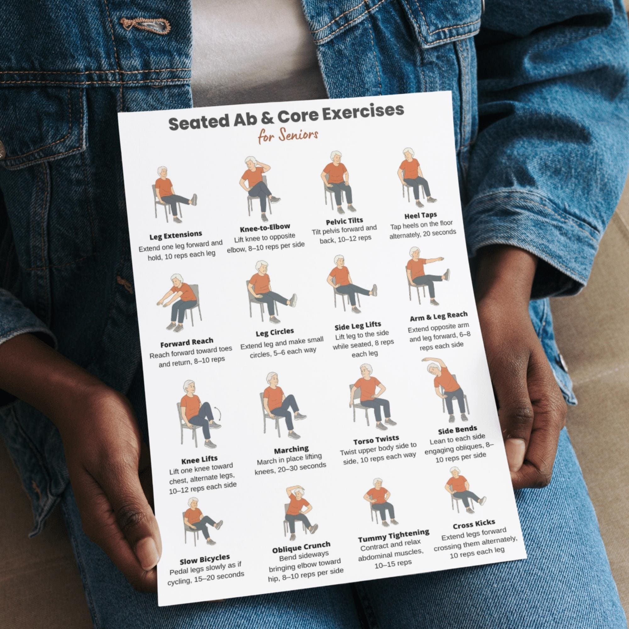 Seated Ab and Core Exercises for Seniors Printable, Chair Workout for ...