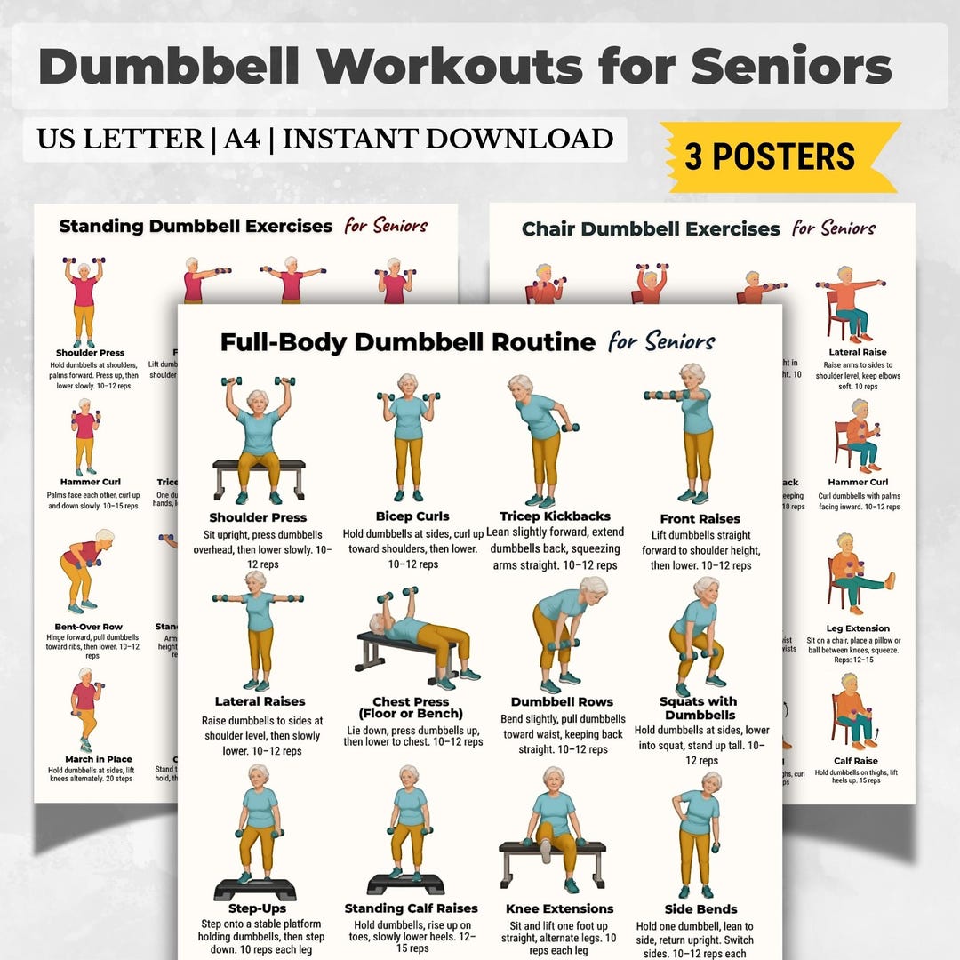Dumbbell Exercises for Seniors | 3 Workout Posters Bundle | Chair ...