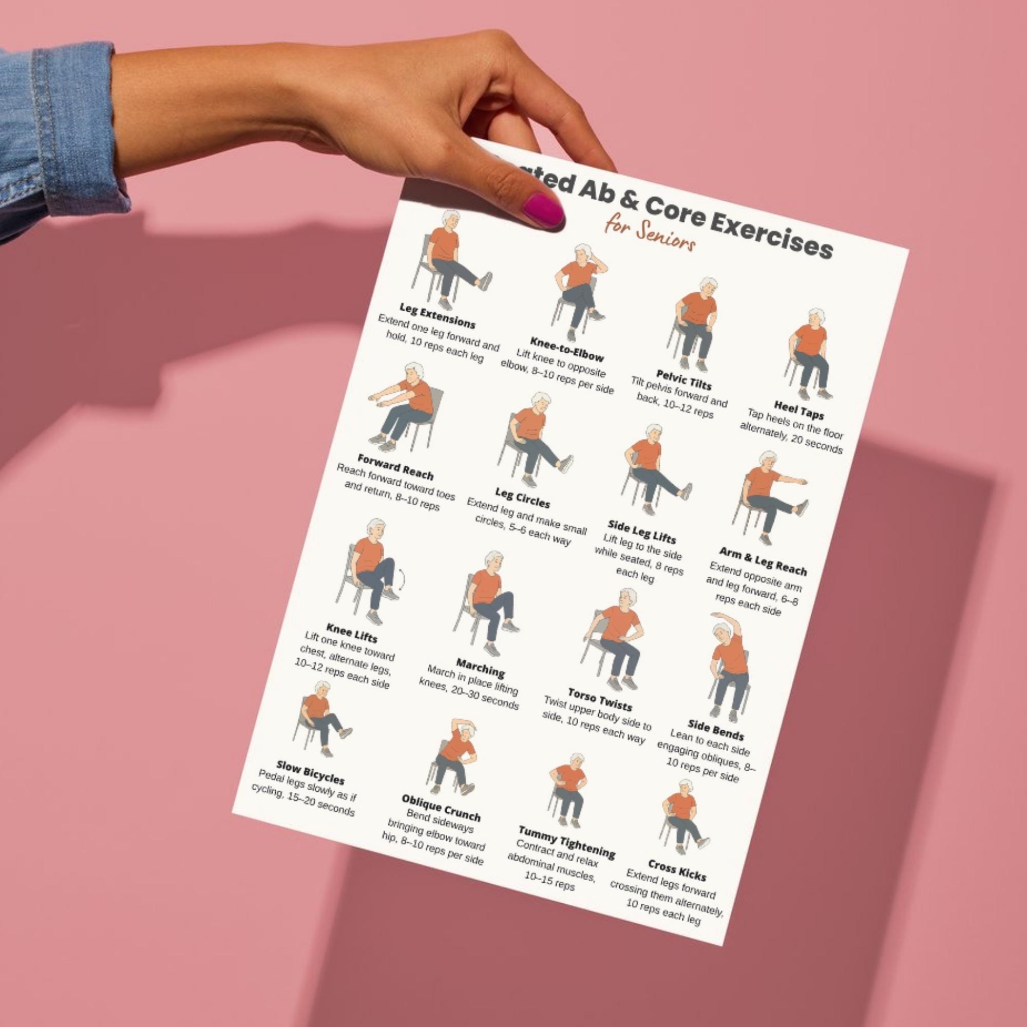Seated Ab and Core Exercises for Seniors Printable, Chair Workout for ...