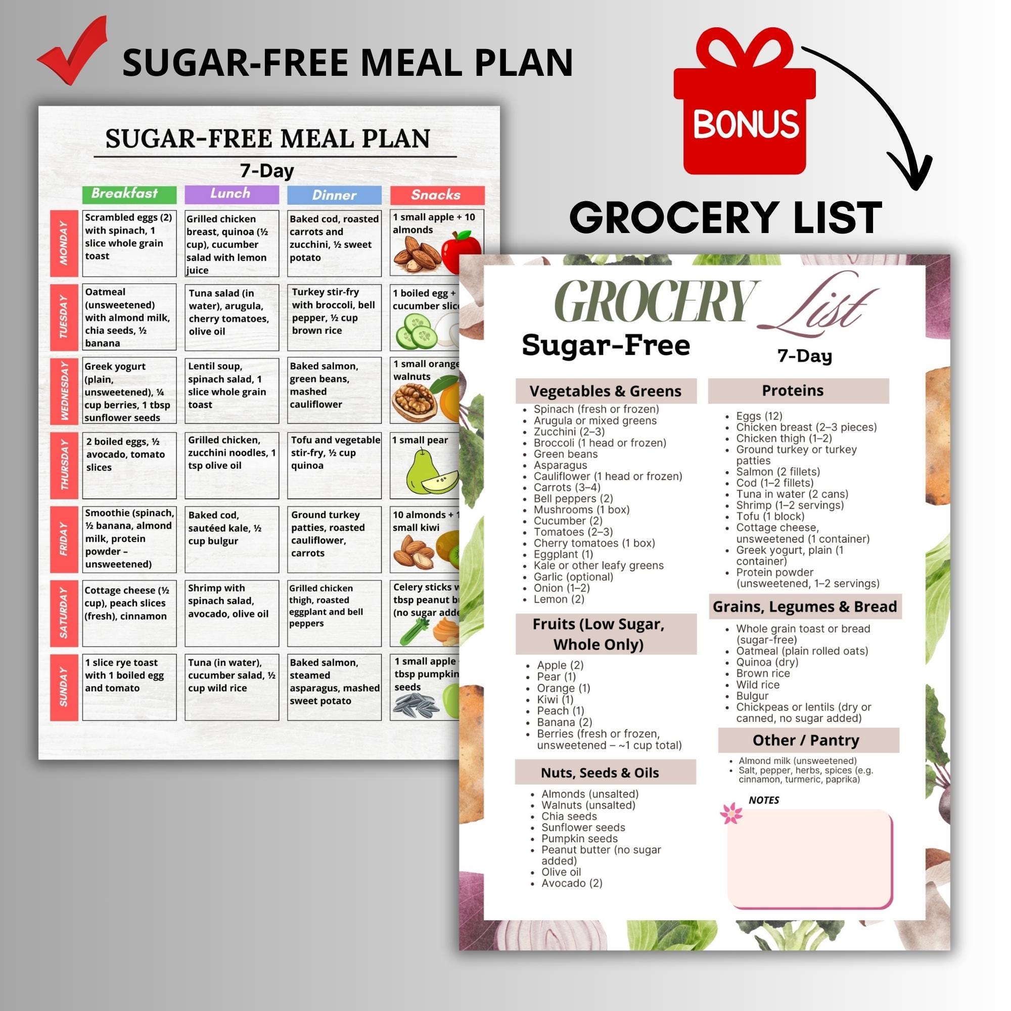 Sugar-free Meal Plan PDF – 7 Day Sugar-free Menu + Sugar-free Grocery ...