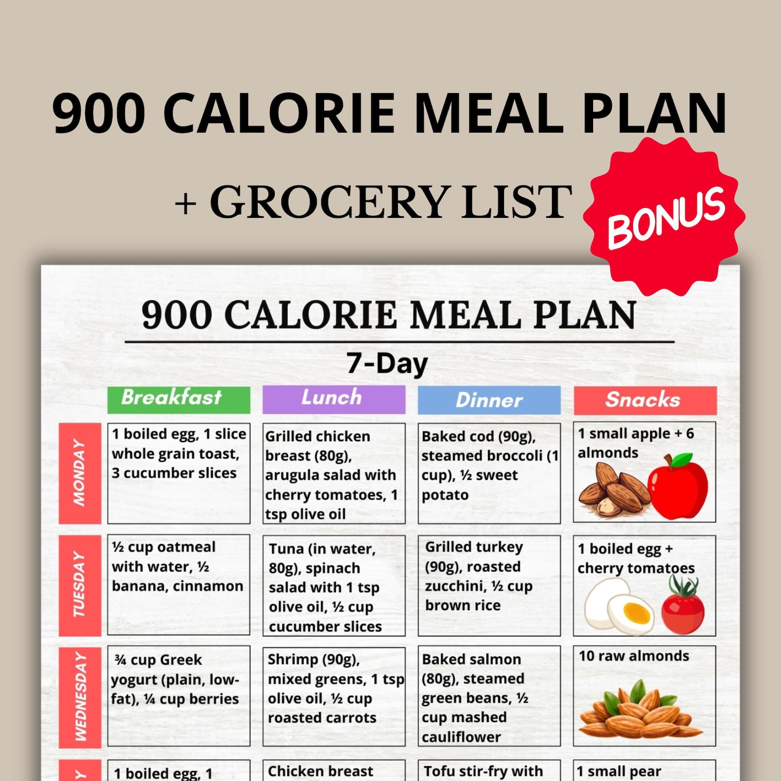 900 Calorie Meal Plan PDF – 7 Day Printable Low Cal Menu + Grocery List ...