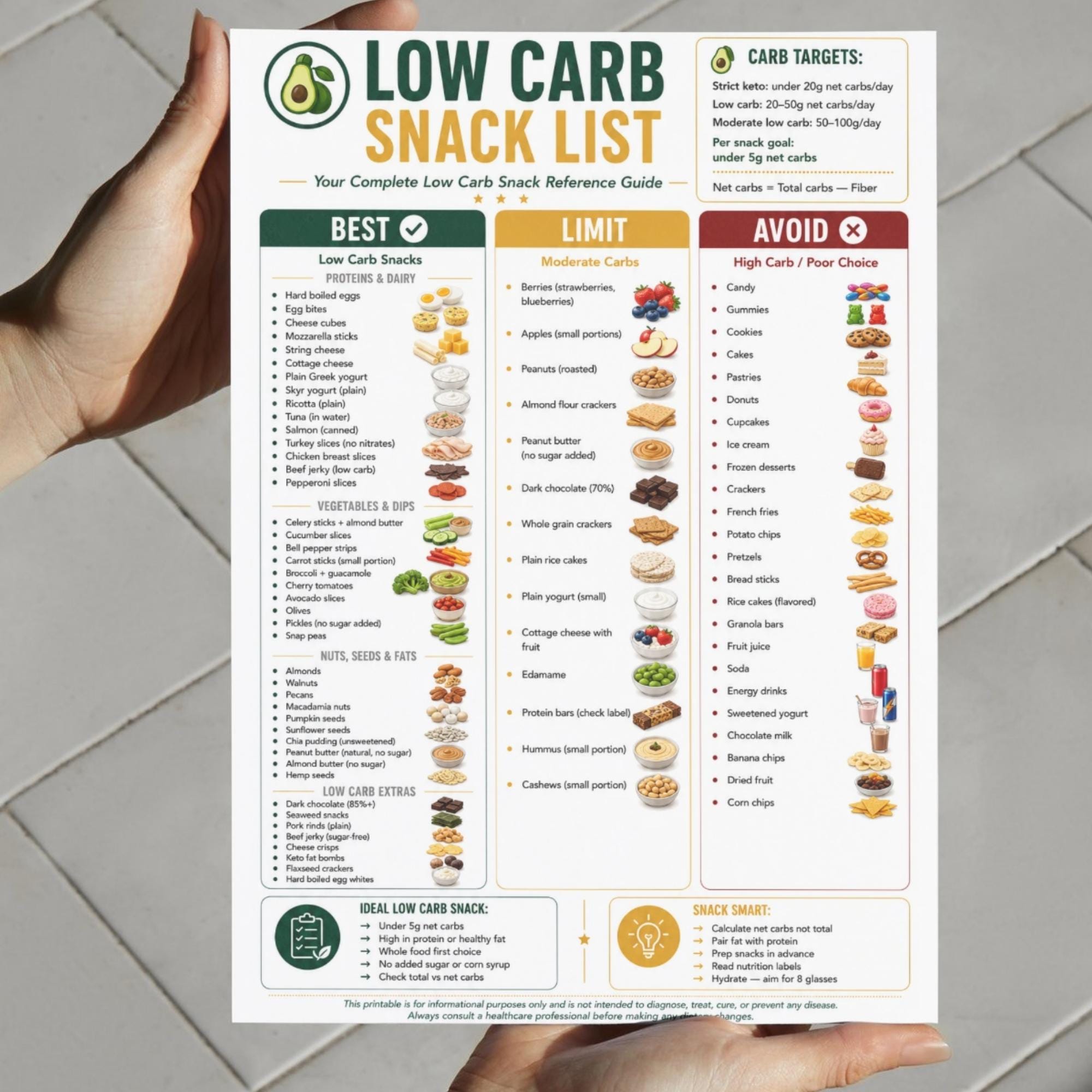 Low Carb Snack List Printable, Low Carb Snacks Reference Guide PDF ...