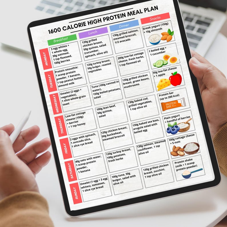 1600 Calorie High Protein Meal Plan PDF, Low Carb Food Chart, 7-day ...