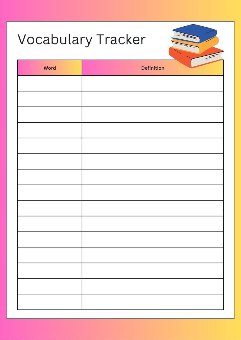Vocabulary Tracker Printable Vocabulary Log Sheet Language Learning ...