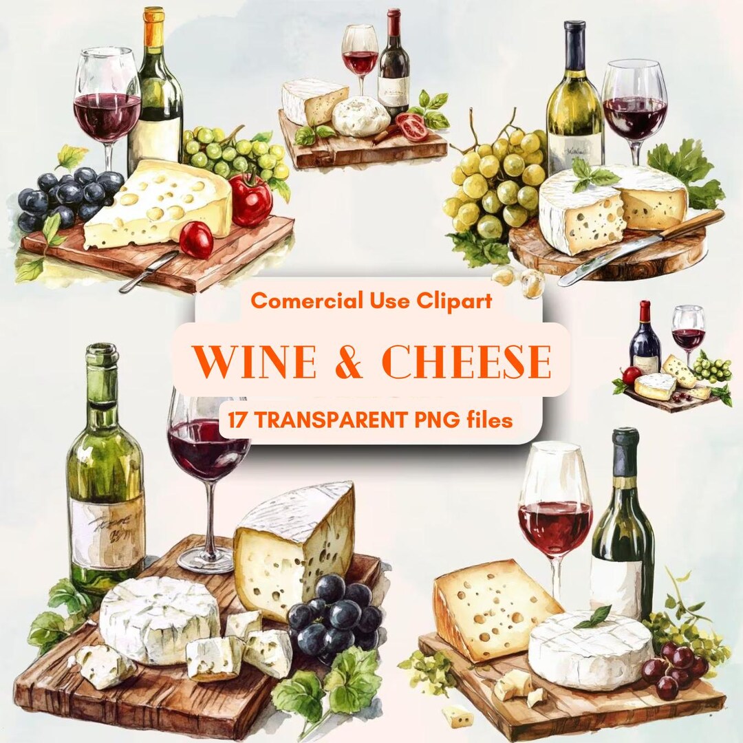 Wine & Cheese Watercolor Clipart Bundle: Elegant PNG Graphics (digital ...