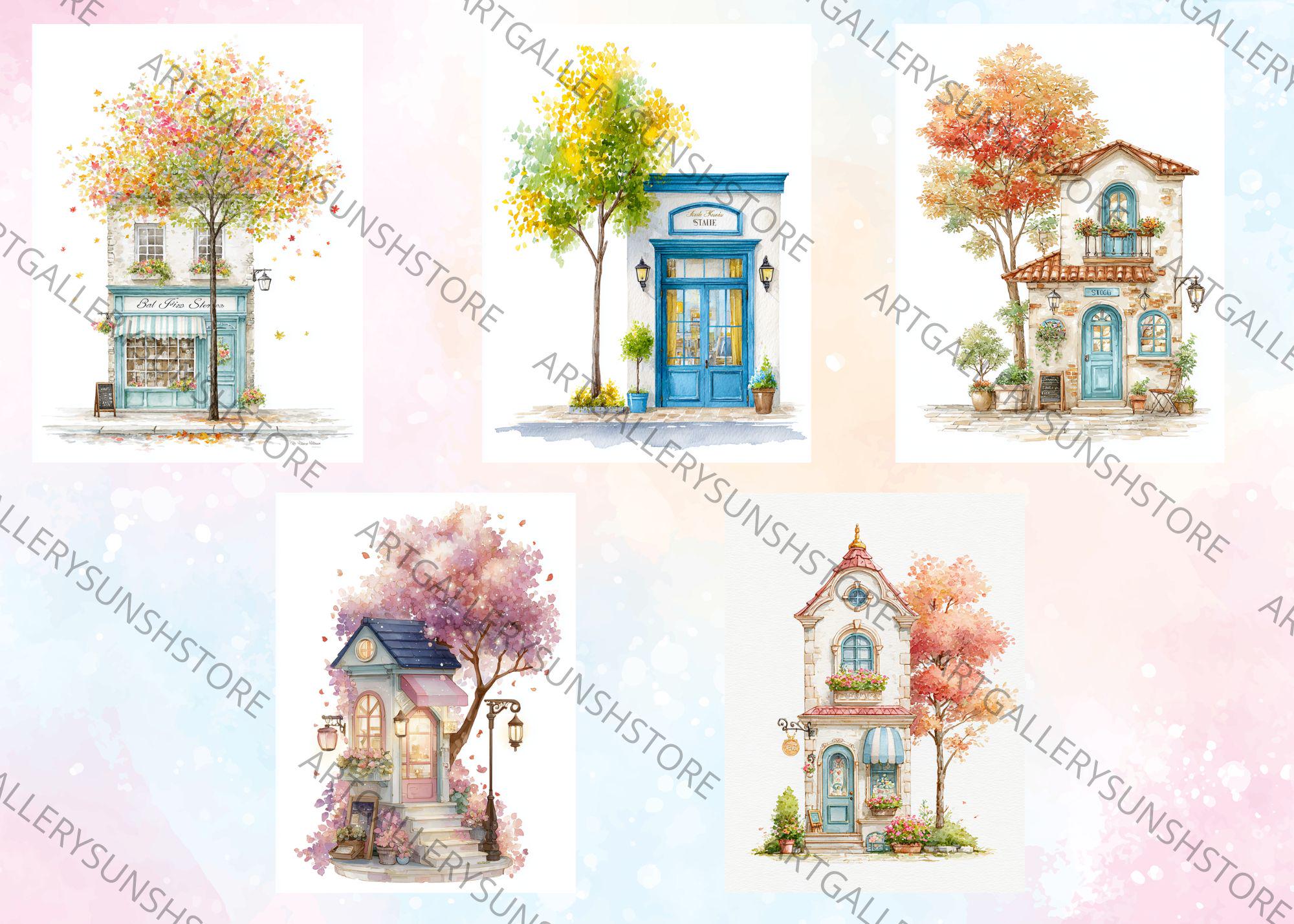 Fall Shop Watercolor Clipart Set – Beautiful Autumn Storefront Bundle ...