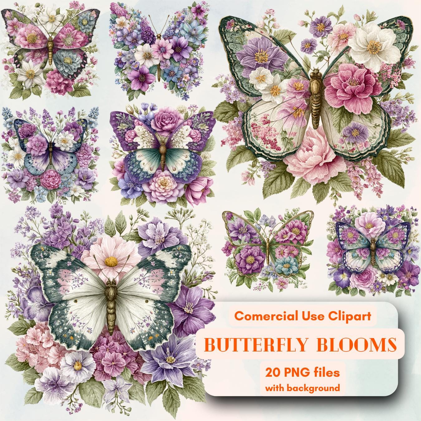 Butterfly & Floral Clipart Bundle: Botanical Beauty (PNG Digital ...