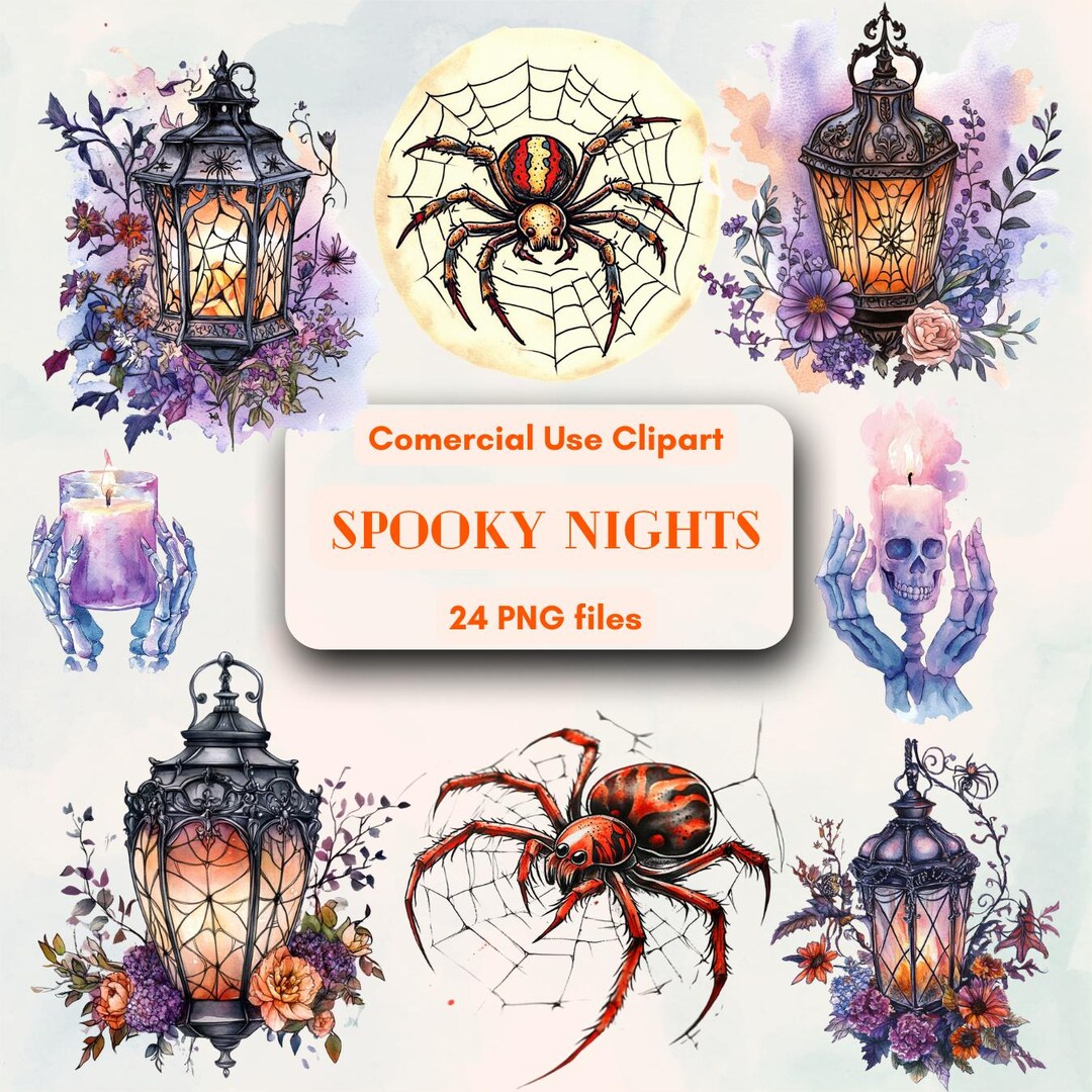 Halloween Clipart Pack: Creepy Lanterns, Spiders, Candles (digital ...