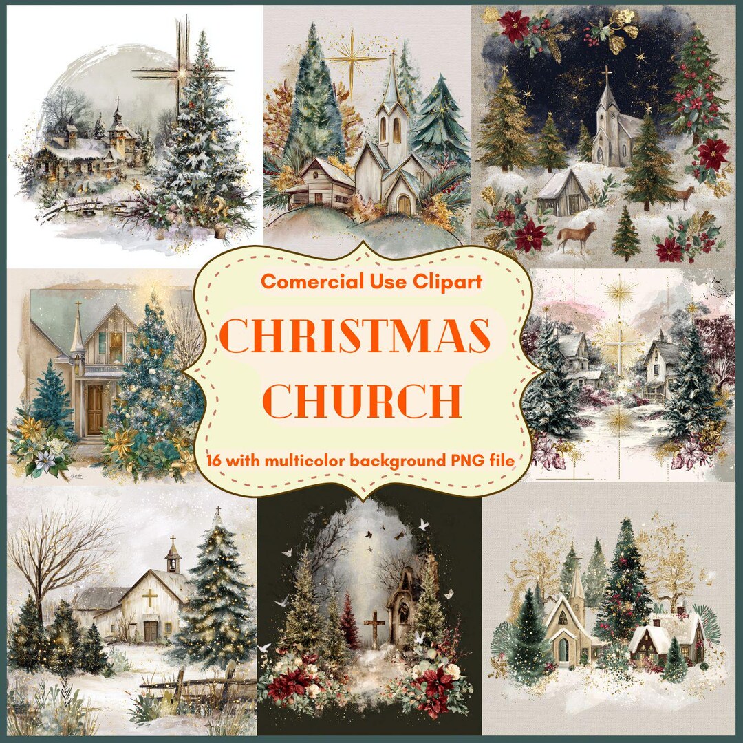 Christmas Church Clipart Bundle – Winter Chapel Illustrations & Holiday ...