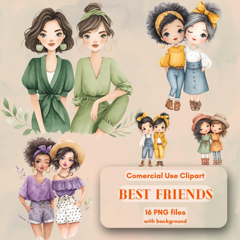 Best Friends Forever Watercolor Girls Clipart Pack, Free Unlimited ...