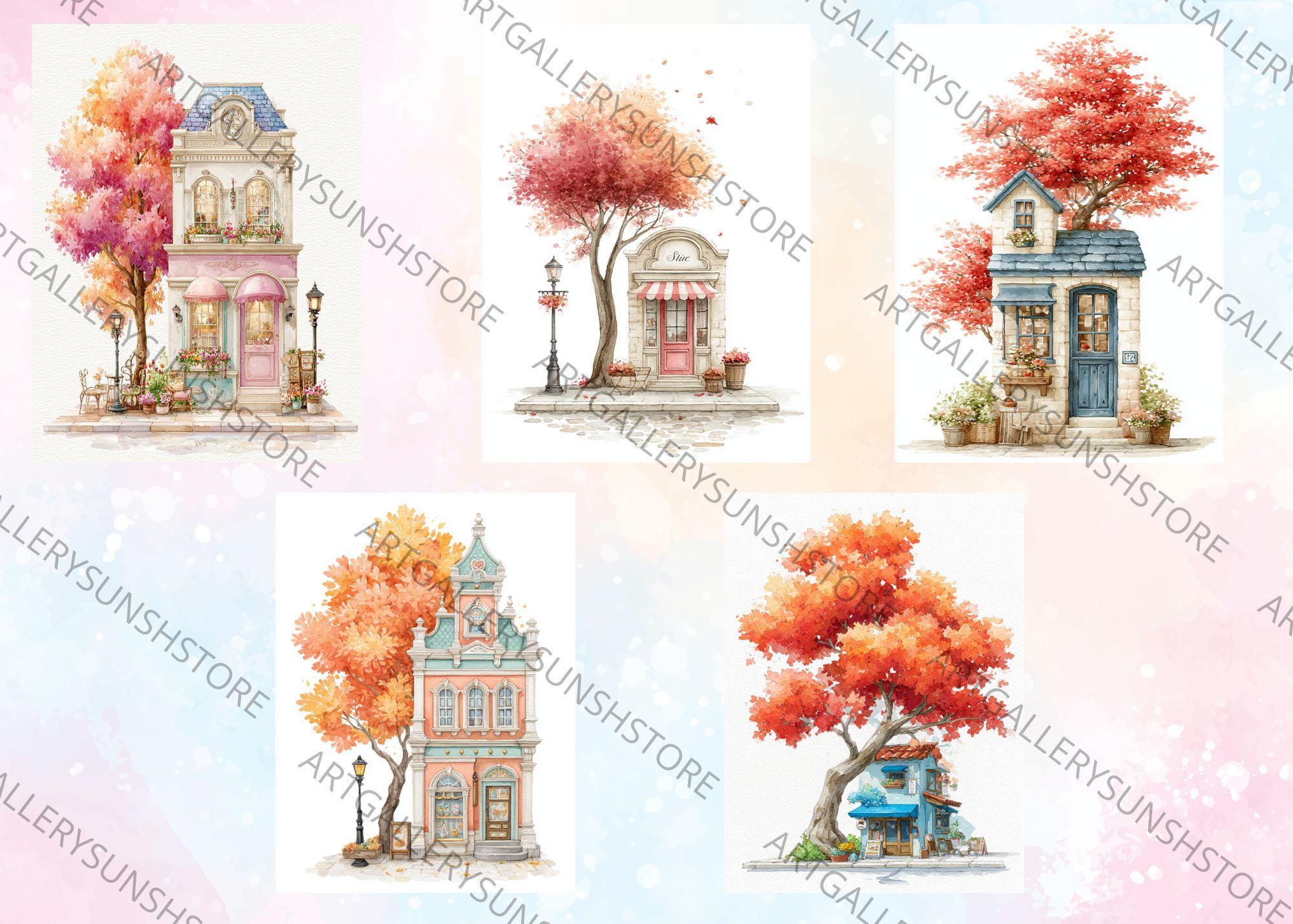 Fall Shop Watercolor Clipart Set – Beautiful Autumn Storefront Bundle ...