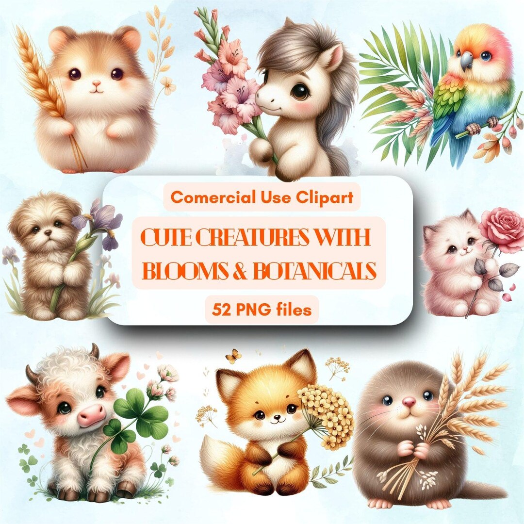 Whimsical Animal Clipart Cute Creatures With Blooms & Botanical ...