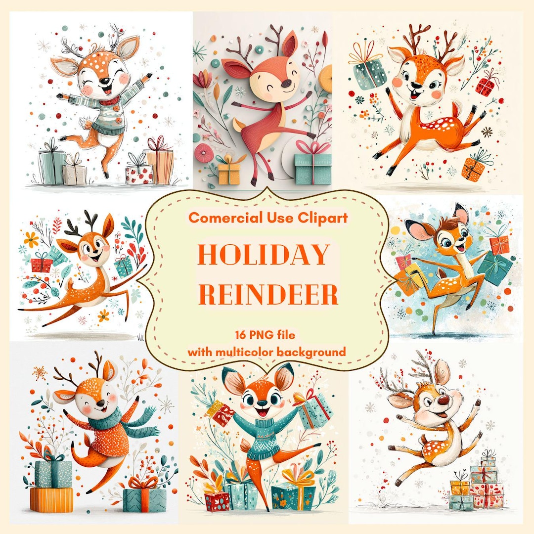 Holiday Reindeer Clipart: Festive PNG Bundle, Commercial Use (digital ...