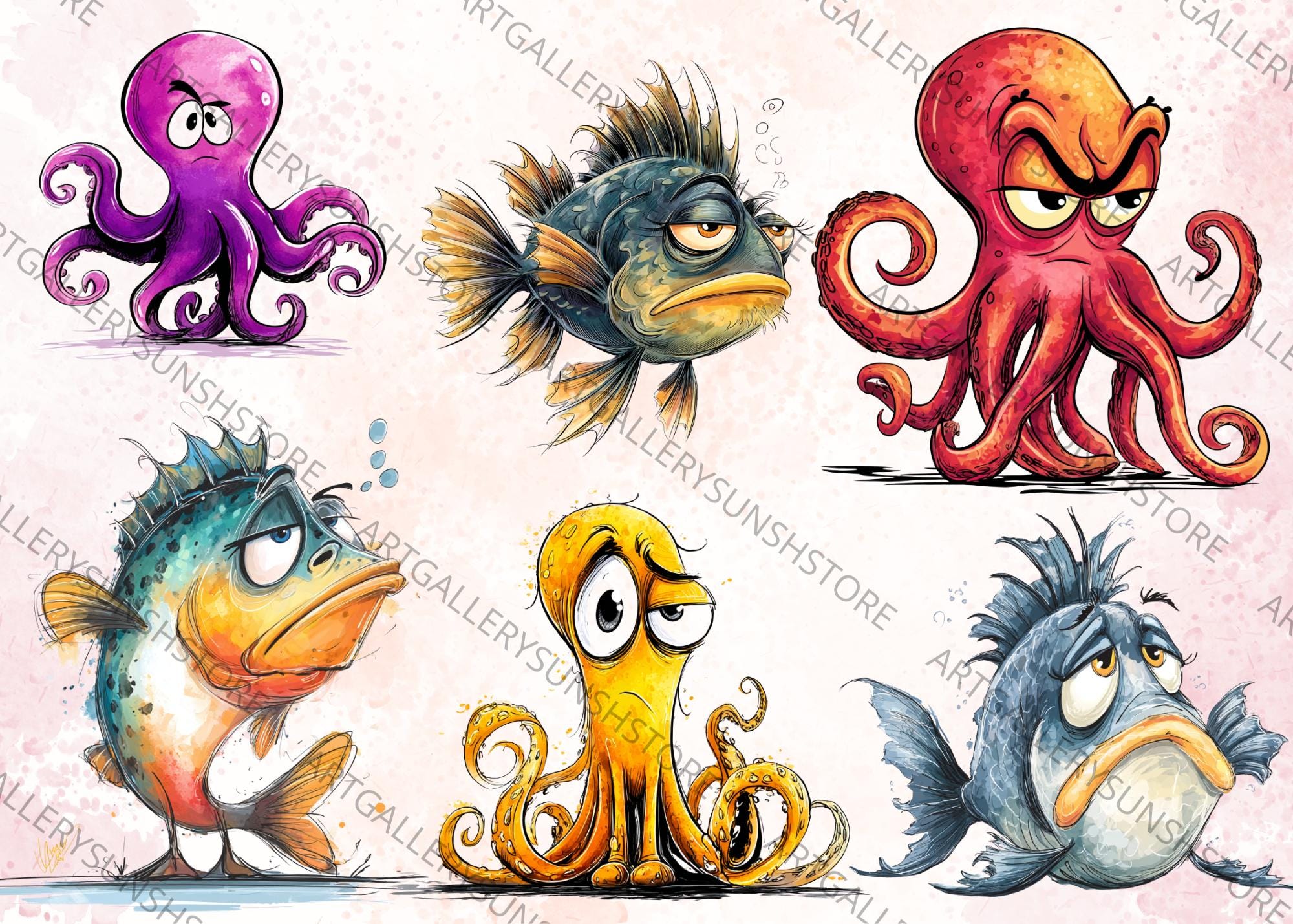 Cartoon Ocean Animals Clipart Set: Whimsical Marine Life (digital ...