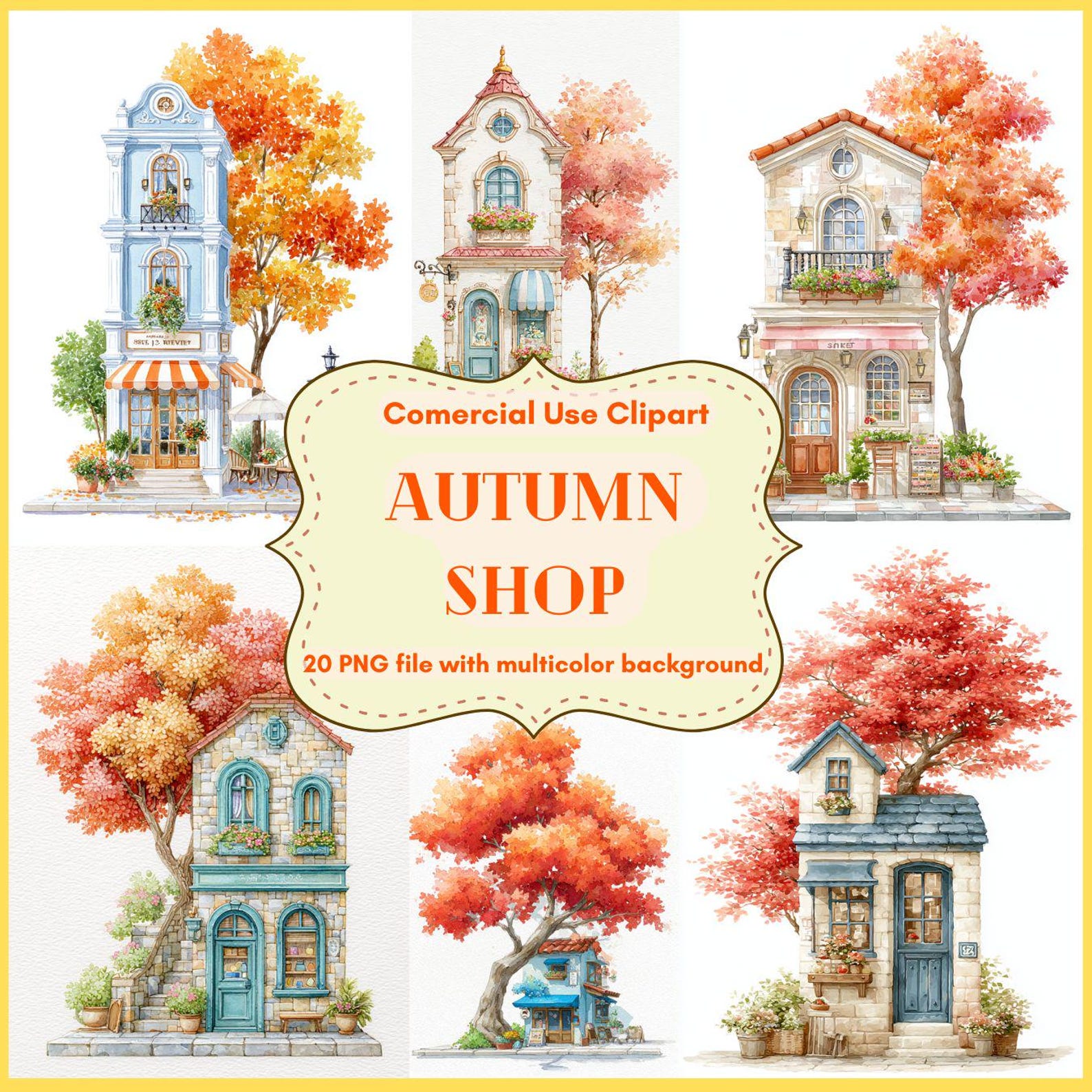 Fall Shop Watercolor Clipart Set – Beautiful Autumn Storefront Bundle ...