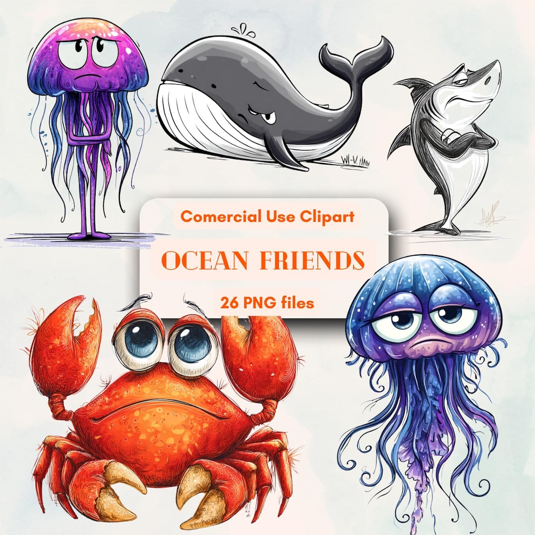 Cartoon Ocean Animals Clipart Set: Whimsical Marine Life (digital ...